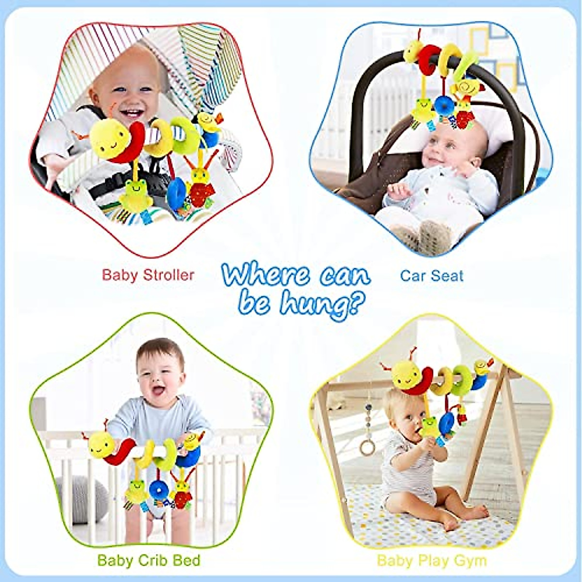 FPVERA Carseat Toys for Infants 0-6 Months Spiral Stroller Toys Newborn Toys, Plush Hanging Baby Rattle Sensory Toys 0-6 Months for Crib Mobile Bassinet for 0 3 6 9 12 Boys Girls Ideal Gifts