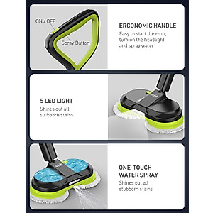 BIUBLE Cordless Electric Mop, Dual Spin Mops for Floor Cleaning, LED Headlight / Stand-Free / Water Sprayer, Rechargeable Scrubber Cleaner Mops with 300ML Water Tank for Multi Floors, Self-Propelled