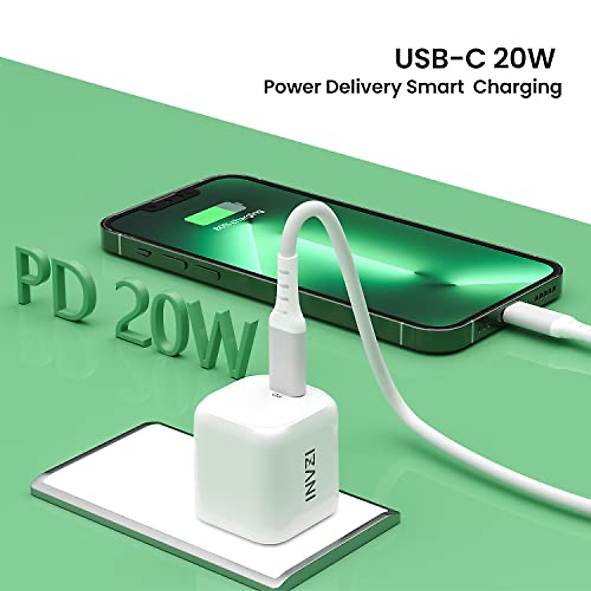 INVZI USB C Charger 20w - PD Fast Charging USB C Wall Charger Block – Mini Power Adapter for iPhone 13 Pro Max/13 Pro/13 Mini/SE/iPhone 12 Pro Max/11, Pixel 5/4 4XL/3 3XL, Galaxy, iPad/iPad Mini/Pro