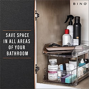 BINO 2 Tier Clear Storage Organizer with Dividers | Bottom Slide Out Drawer for Under Sink, Medicine Cabinet | Bathroom Closet, Vanity, Pantry Organizer | Under Cabinet Storage for Bathroom & Kitchen