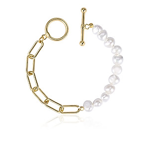 Cowlyn Paperclip Pearl Bracelet Baroque Culture Link Chain 14K Gold Plated Dainty Handmade Bangle Charm Jewelry Present for Women