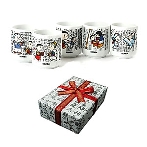 Korean Soju Shot Glass Set, 5 Piece Ceramic Pottery Cup for Soju Alcohol Liquor w/Korea Traditional folk game shot glasses, Illustration Paintings Gift Party Decoration Shot Glasses