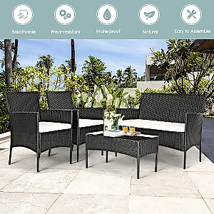 HAPPYGRILL 4PCS Patio Furniture Set Rattan Wicker Conversation Set Outdoor Patio Table Chair Set Wicker Sofas and Coffee Table Set for Garden Lawn Poolside
