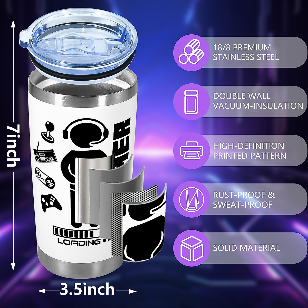 Icesip 20oz Gamer Tumbler - Stainless Steel Gaming Mug with Straw & Brush - Cool Game Controller Design - Birthday Gift for Men, Boys, Gamers