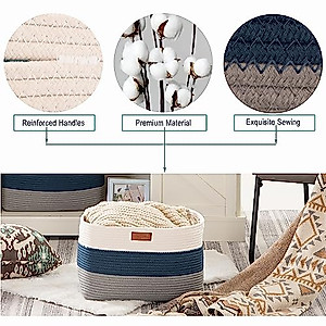 Sophia & William Cotton Rope Baskets for Shelves 14.6"L x 8.3"W x 9.8"H, Woven Nurery Storage Baskets & Bins with Handles, Baby Toy Baskets Organizer for Laundry, 1 Pack, Majolica Blue & Moon Mist