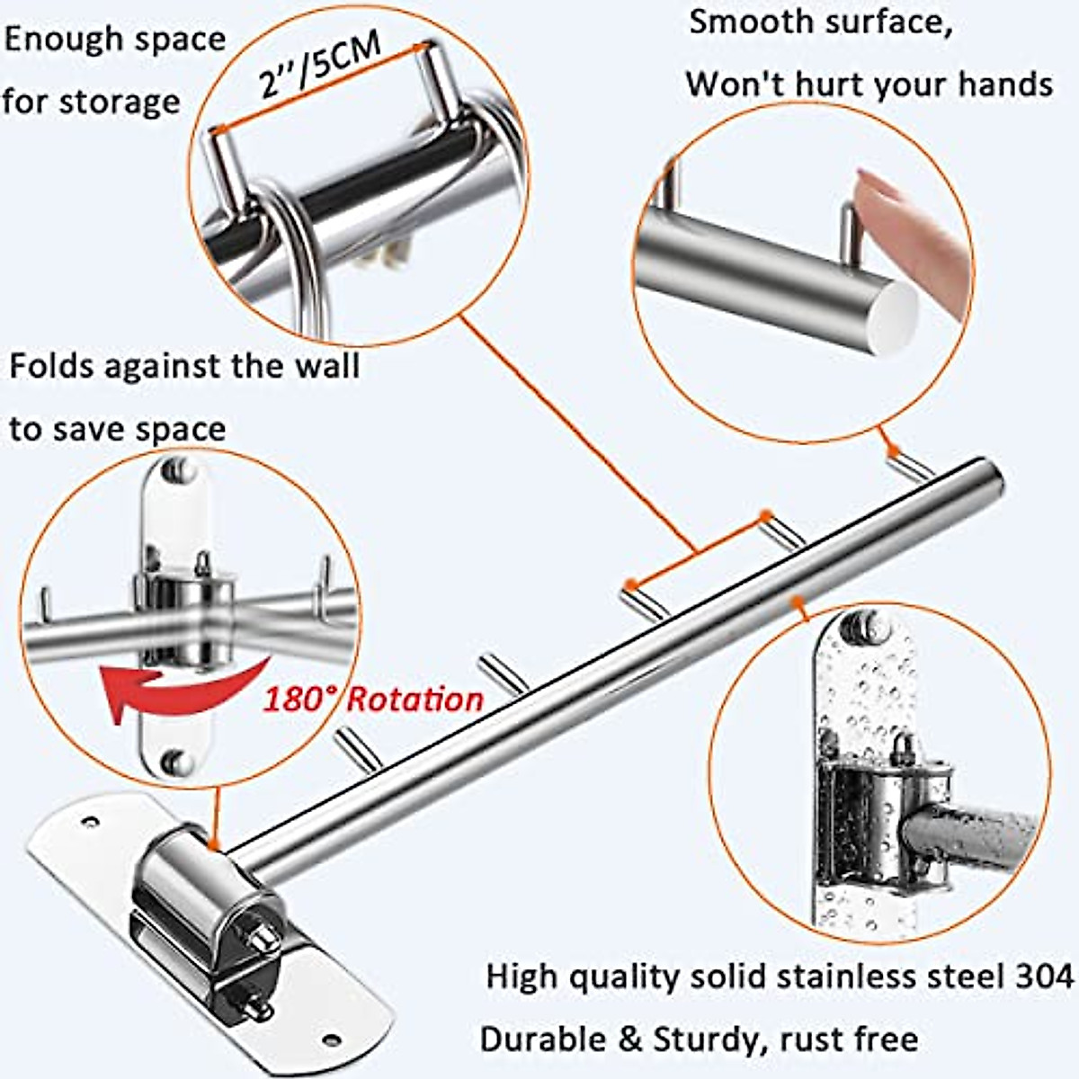 Clothes Hanger Rack Swing Arm, Folding Clothes Hanger Wall Mounted Space Saving Drying Rack, Stainless Steel 304 Laundry Room Valet Hook Holder, Foldable Hanging Hook Rod (Silver)