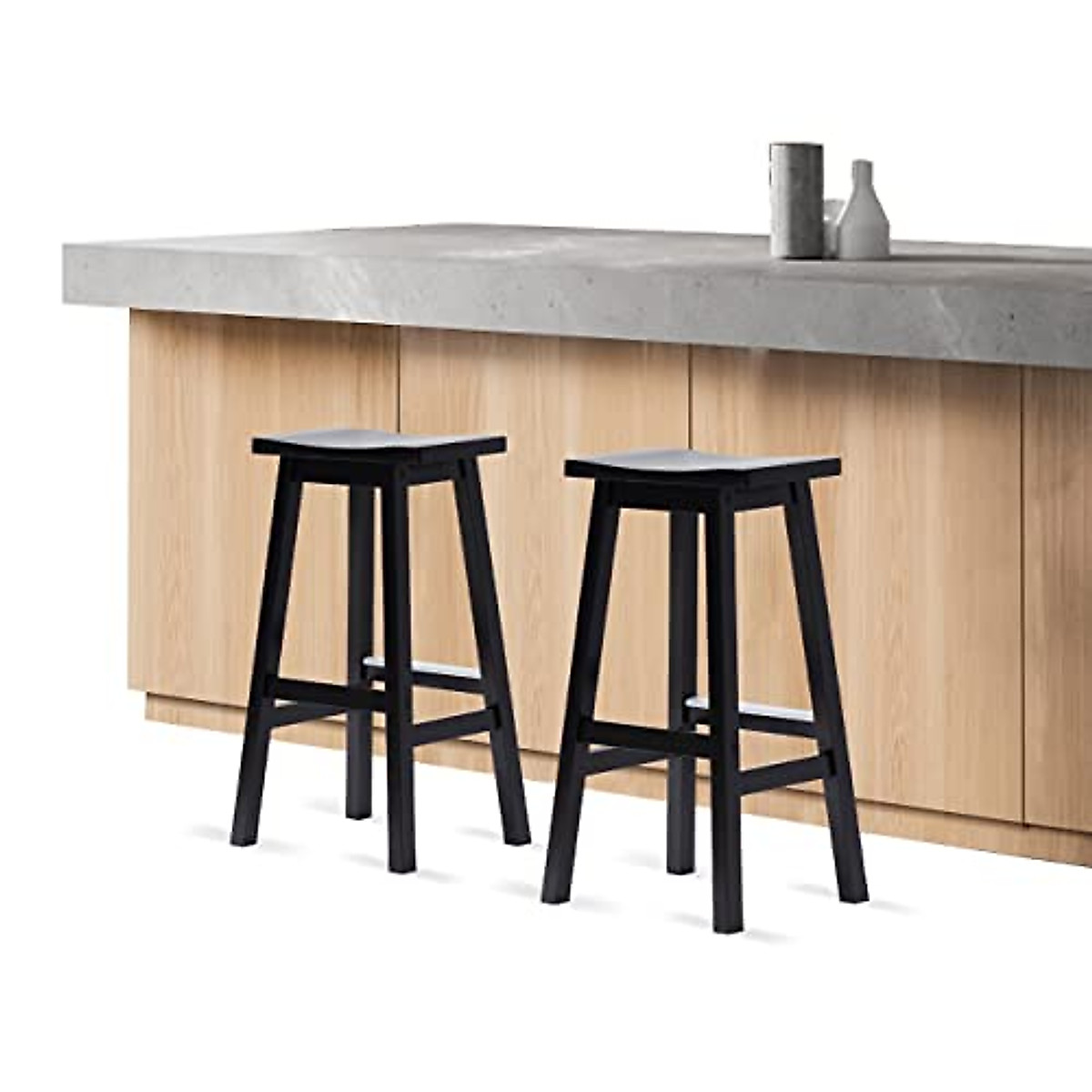 Black Bar Stools for Kitchen Island, Counter Height Bar Stools Set of 2, 30 Inch Wood Saddle Stool, Solid Wooden Seating with Footrest, Ideal for Breakfast Bar, Kitchen Island, Party Room, 2-Pack