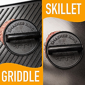 SMASHER KING™ - Premium Cast Iron Smash Burger Press incl. 25 pcs of Patty Paper, Burger Smasher for Griddle with Black Wood Handle, Perfect Hamburger Press, Meat Press, Bacon Press, Sandwich Press