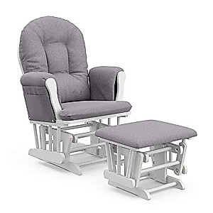 Pemberly Row Custom White Slate Hoop Glider and Ottoman Set in Gray Swirl - Smooth Gliding Chair for Nursery, Padded Arm Cushions with Storage Pocket