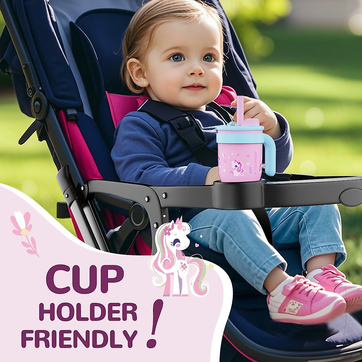 KXIAOCHEN 14 oz Kids Tumbler with Handle for Leakproof Insulated Stainless Steel Reusable Tumbler for Toddlers, Keeps Drinks Cold up to 24 Hrs, Pink Unicorn