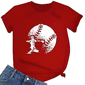 DUOWEI Womens Baseball Print O Neck Short Sleeve Blouse Tops Tees T Shirt Red