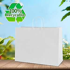 bagmad 50 Pack 16x6x12 Inches White Kraft Paper Bags with Handles Bulk, Large Recycled Paper Bags, Gift Bags, Grocery Bags, Retail Bags, Shopping Bags, Merchandise Bags for Small Business