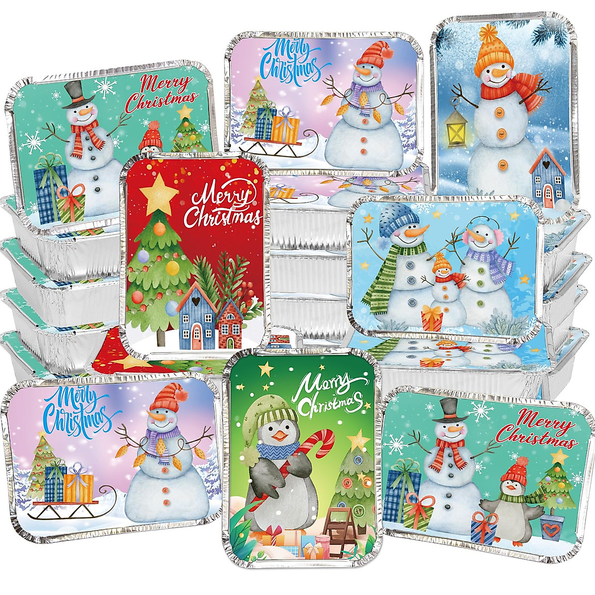 WorldBazaar Christmas Aluminum Food Containers 36PCS Christmas Leftover Containers with Lids Disposable Snowman Christmas To Go Containers Winter Holiday Party Supplies