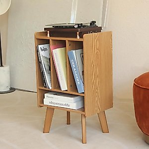 AWASEN Record Player Stand with Vinyl Storage, Turntable Stand with Record Storage, Vinyl Record Table Holds Up to 100 Albums, 3 Tier End Table with Wood Legs for Living Room Bedroom Office (Brown)