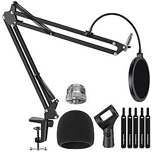 InnoGear Mic Stand for Blue Yeti, Heavy Duty Microphone Stand with Microphone Windscreen and Dual Layered Mic Pop Filter Suspension Boom Scissor Arm Stands for Blue Spark and Other Mics, Large