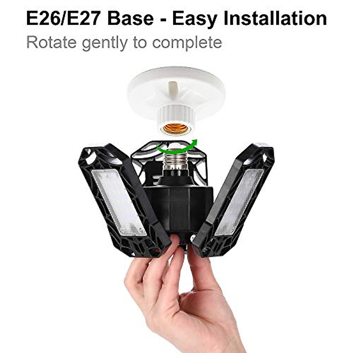 Garage Lights Ceiling, Deformable Garage LED Bulb Light 40W 6000 Lumen E26 with 3 Adjustable LED Panels 270° for Garage, Warehouse, Barn, Workshop and Yard (NO Motion Activated)(Plastic(2 Pack))