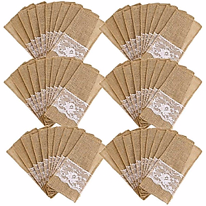 75Pcs Burlap Lace Cutlery Pouch Rustic Wedding Knife Fork Holder Bag Hessian Table Decoration Accessories