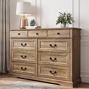 LINSY HOME Dresser for Bedroom, 9 Drawer Long Dresser with Antique Handles, Wood Chest of Drawers for Living Room, Entryway and Hallway, Rustic Brown