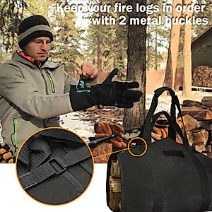 Cupohus Extra Large 2in1 Firewood Carrier Waxed Canvas Bag 44”x23”, Heavy Duty Log Holder Tote Bag with Handles and Shoulder Strap for Indoor Fireplace Wood Stove Accessories, Outdoor Camping (Black)