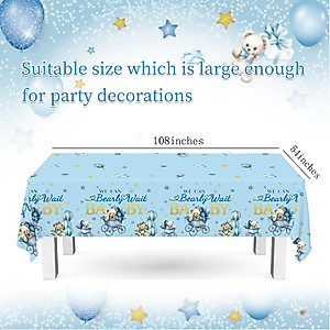 3pcs Bear Baby Shower Decorations Tablecloth Large Blue Teddy Bear We Can Bear Wait Baby Shower Decorations Table Cloth 108x54 Inches Disposable Waterproof Table Covers for Boy Baby Shower Party