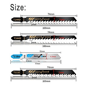 60Pcs Jigsaw Blades Set, Contractor Assorted T Shank Jig Saw Blades, Multi-Purpose HCS/HSS Saw Blades for Cutting Wood, Plastic, PVC and Metal (T144D, T244D, T111C, T118A, Each 15pieces)