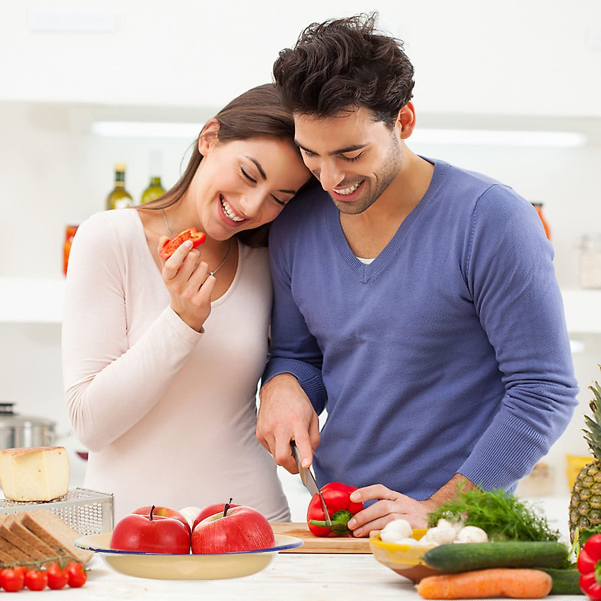 Yardwe Enamel Plate, 4PCS Enamelware Dinner Plate Serving Platter Tray, Retro Yellow Round Shallow Bowls with Blue Rim for Pasta, Salad- Durable and Reusable