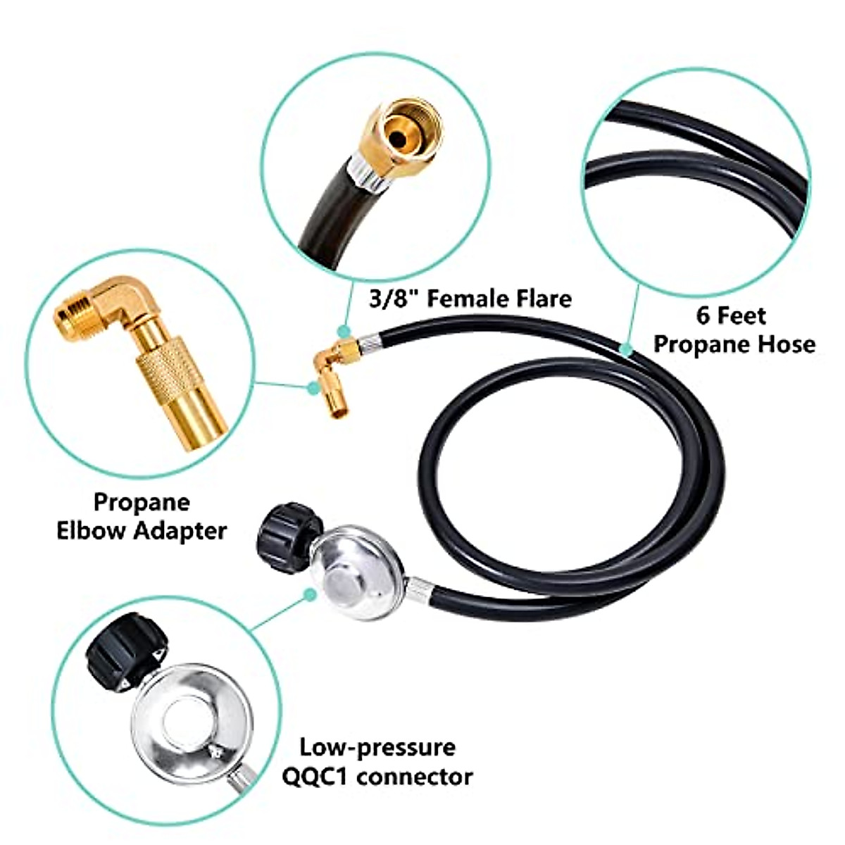 KTUOPEE 6 Feet Low Pressure Propane Adapter Hose with Regulator for Blackstone 17" and 22" Tabletop Flat Top Griddle, QCC1 Universal Grill Regulator Replacement Parts with Solid Brass Elbow Adaptor
