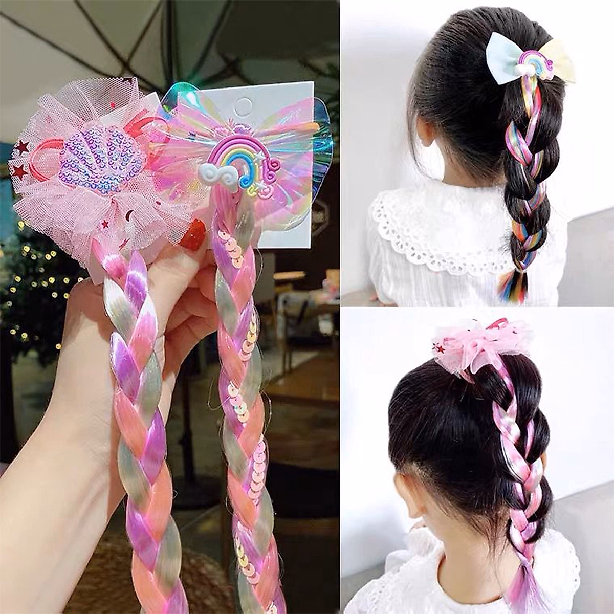 8 Pieces Colored Braids Hair Extensions with Rubber Bands Ponytails Hair Bows Rainbow Color Synthetic Hairpieces Glitter Braided Hair Extensions for Women Kids Girls Party Highlights Cosplay Dress Up