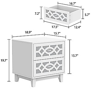 DiDuGo Nightstand with 2 Mirrored Drawers Set of 2, Wood End Table Bedside Table with Storage, Contemporary Style, Wooden Legs, for Bedroom White (18.9”W x 15.7”D x 19.7”H)
