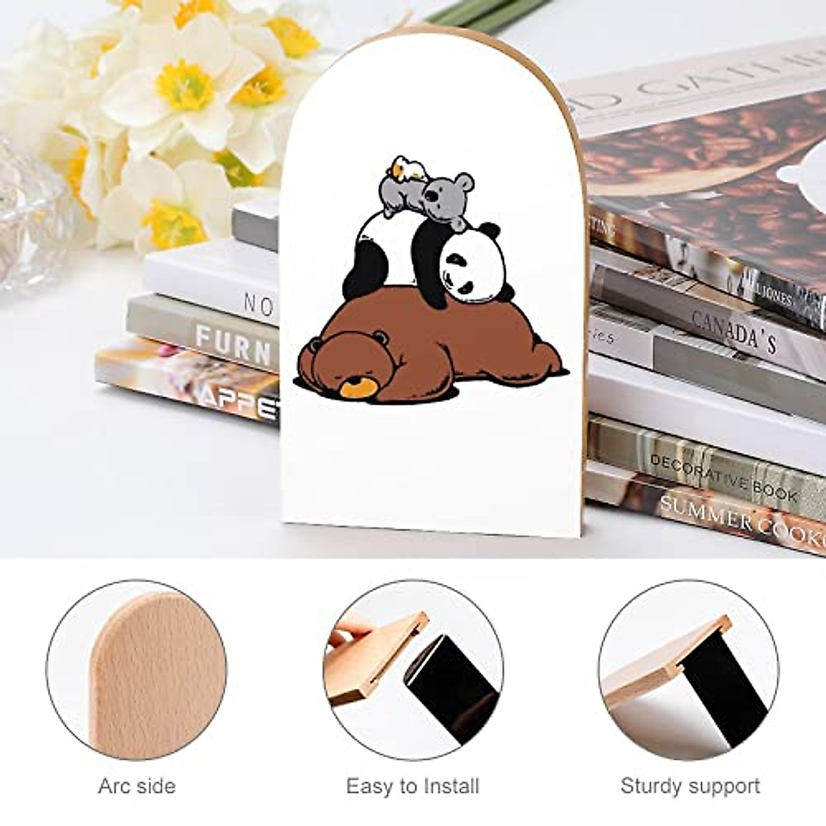 Bear Panda Koala Wood Book Ends for Shelves Non-Skid Bookend Book Stand Book Holder Stopper for Home Office School