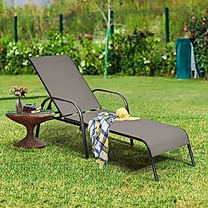 Tangkula Patio Chaise Lounge, Recliner Outdoor Lounger Chair w/Adjustable Backrest, Reclining Chair w/Heavy Duty Steel Frame, Suitable for Beach, Yard, Balcony, Poolside (1, Brown)