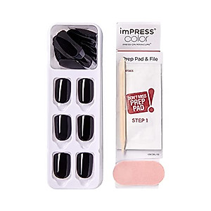 KISS imPRESS Color Press-On Nails, Gel Nail Kit, PureFit Technology, Short Length, “All Black”, Polish-Free Solid Color Manicure, Includes Prep Pad, Mini Nail File, Cuticle Stick, and 30 Fake Nails