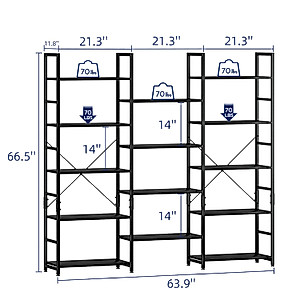 NUMENN Triple Wide 5 Tier Bookshelf, Rustic Industrial Style Bookcases and Bookshelves with 14 Open Display Shelves, Modern Tall Bookcase Furniture for Bedroom, Living Room and Home Office, Black