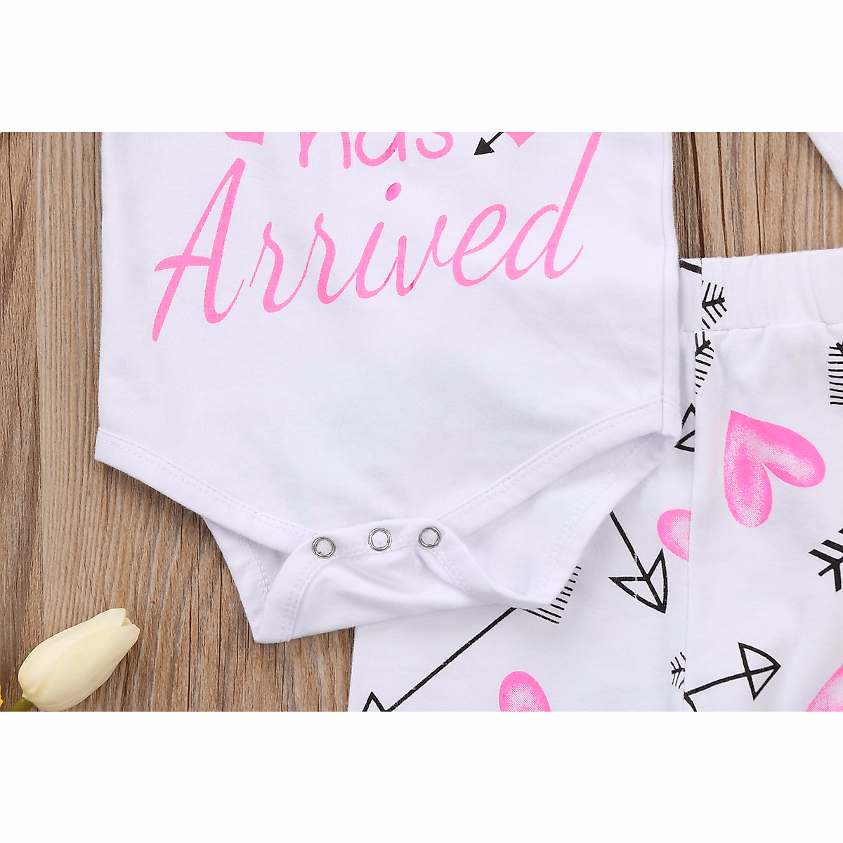 FOCUSNORM 4 pcs Baby Girls Pants Set Newborn Infant Toddler Letter Romper Arrow Heart Pants Hats Headband Clothes Pink