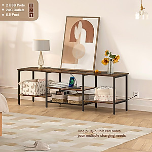 Entrintou TV Stand with Power Outlet for 55/65/70/75 inch TVs, TV Console Table with Open Storage Shelves, 3-Tier Industrial Entertainment Center, Wood TV Stand for Living Room, Bedroom, Brown Black