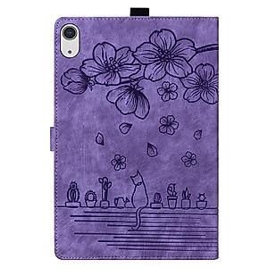 UUcovers for iPad 10th Generation 10.9 inch Case 2022 with Stand/Pencil Holder/Pocket/Magnetic Smart Embossed Flower PU Leather Folio Cover,Auto Wake/Sleep & Multiple Angles,Cherry Blossom Purple Cat