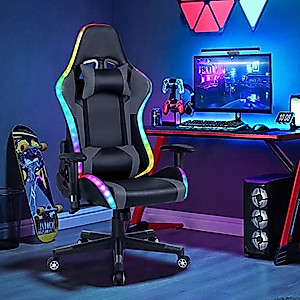 Gaming Chair with Speakers Video Game Chair with RGB LED Lights Ergonomic Racing Office Chair PU Leather Recliner Computer Chair Swivel E-Sports Chair with Lumbar Support Headrest Armrest, Black