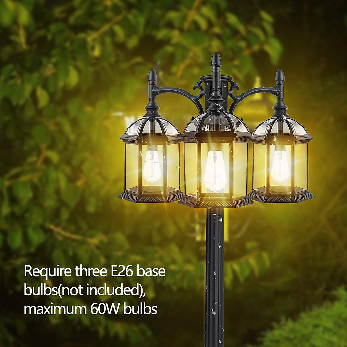 CINOTON Outdoor Lamp Post Light, 3-Head Surface-Mount Post Waterproof Outside Pole Light Aluminum, Black Birdcage Design Outdoor Street Light Pole Lamp Triple-Head for Backyard, Patio, Garden, Walkway