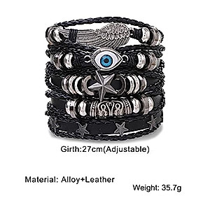 BUSSLANDY Braided Leather Bracelets for Men Women Cuff Wrap Bracelet Stackable bracelet Evil Eye Stars Wings Retro Set Wood Ethnic Tribal Bracelets Adjustable