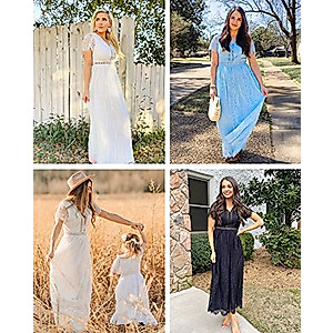 MEROKEETY Women's V Neck Short Sleeve Floral Lace Wedding Dress Bridesmaid Cocktail Party Maxi Dress Navy