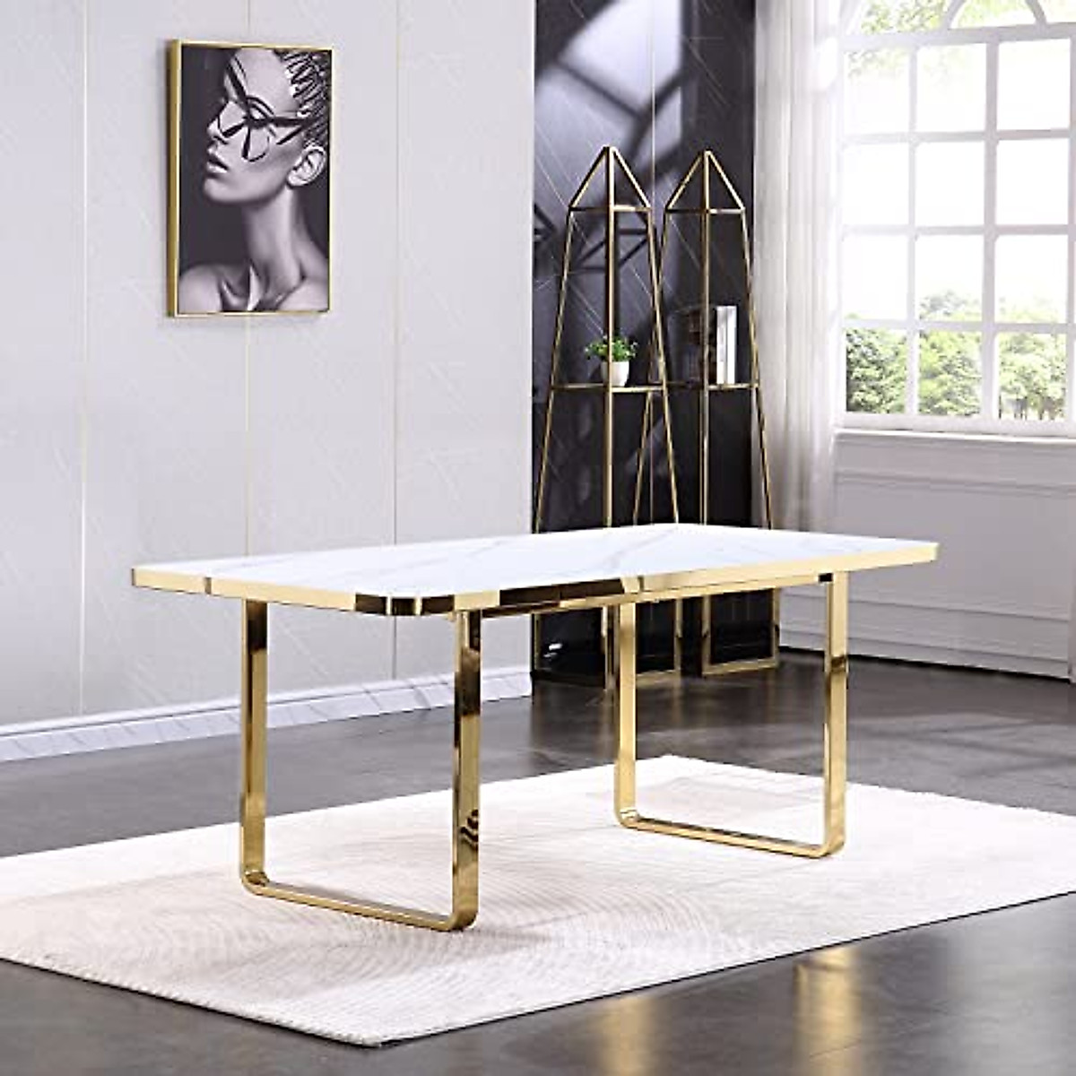 AZhome 7-Piece Dining Set, Gold Dining Room Table Set for 6, Black Leather Dining Chairs with Polished Stainless Steel Sled Base for Kitchen, Dining Room