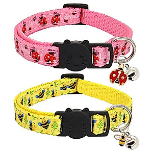 Giecooh Breakaway Cat Collar with Bells, 2 Pack Adjustable Pendant Safety Kitten Collars for Boys & Girls,Bee+Ladybug