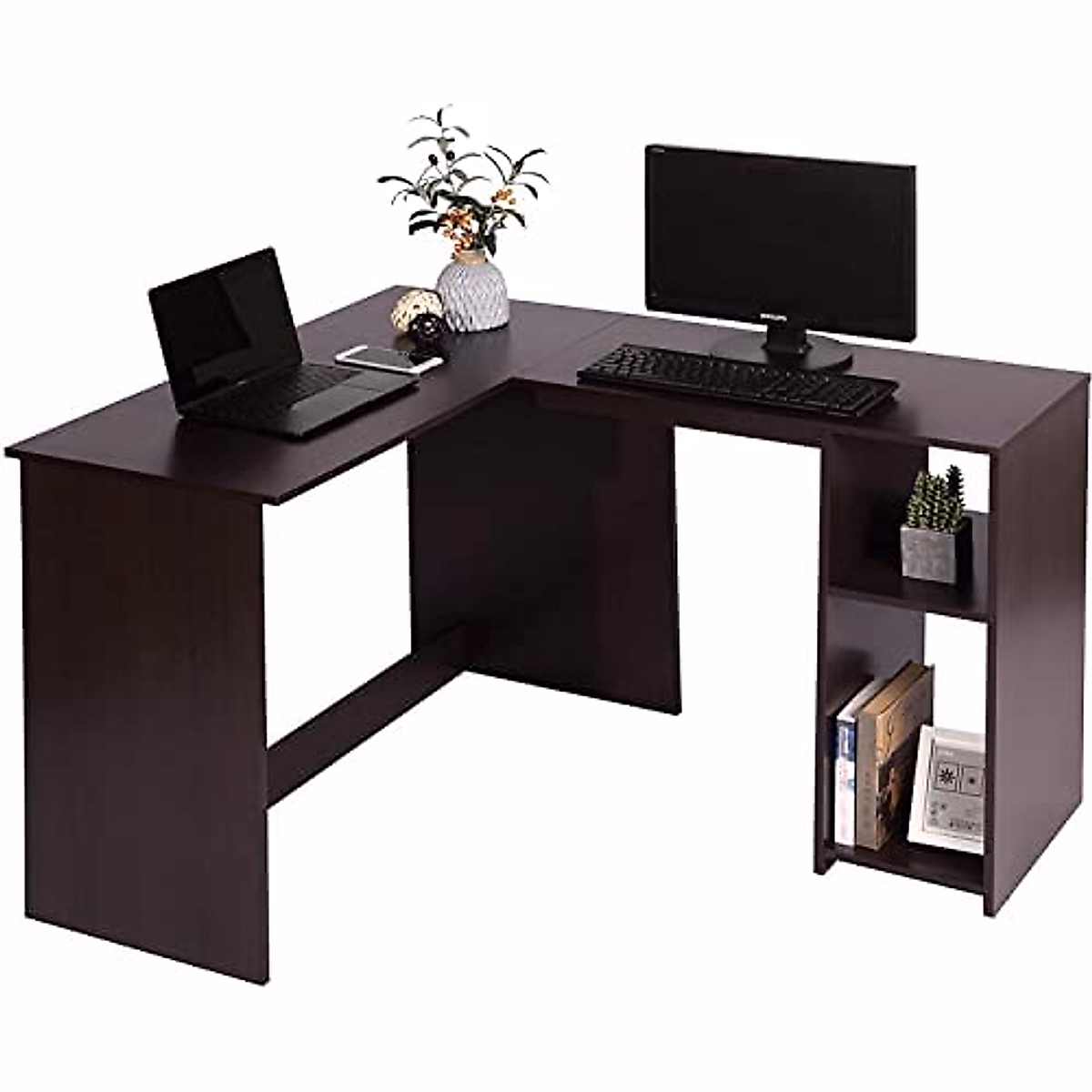 FurnitureR Computer Desk with Bookshelf Industrial Style Study Table Computer Gaming Desk with Storage, Wooden L-Shaped Corner Desk Save Space for Home Office, Brown