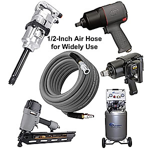 YOTOO Hybrid Air Hose 1/2-Inch I.D. by 50-Feet Long 3/8 inch MNPT Solid Brass Fittings 300 PSI Heavy Duty, Lightweight, Kink Resistant with 3/8" and 1/4" Industrial Quick Coupler Connectors, Gray