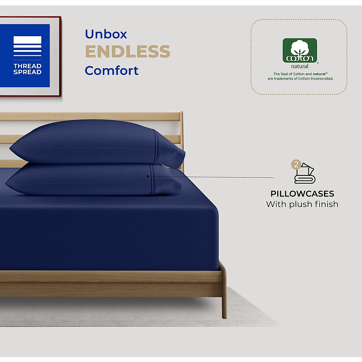 THREAD SPREAD 100% Cotton Pillowcases Standard/Queen Size Set of 2-400 Thread Count Cotton Pillowcases, Ultra Soft Cool Sateen Weave Pillow Cases for Sleeping, Set of 2 Pillow Covers (Navy Blue)