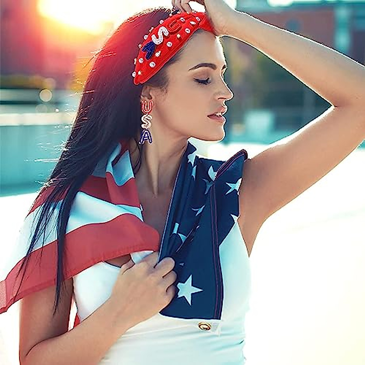 CEALXHENY Crystal Pearl Knotted Headbands - Patriotic Hair Accessory for Women, American Flag Outfits for Independence Day, Memorial Day Party Favors (USA-Red)