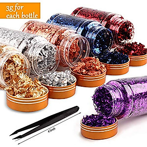6 Boxes Gilding Flakes, Gold Foil Flakes for Resin, Gold Leaf Gilding Flakes Metallic Foil Flakes with Tweezers for Painting Arts and Resin Crafts, Nail Art (Gold, Silver, Copper, Red, Blue, Purple)
