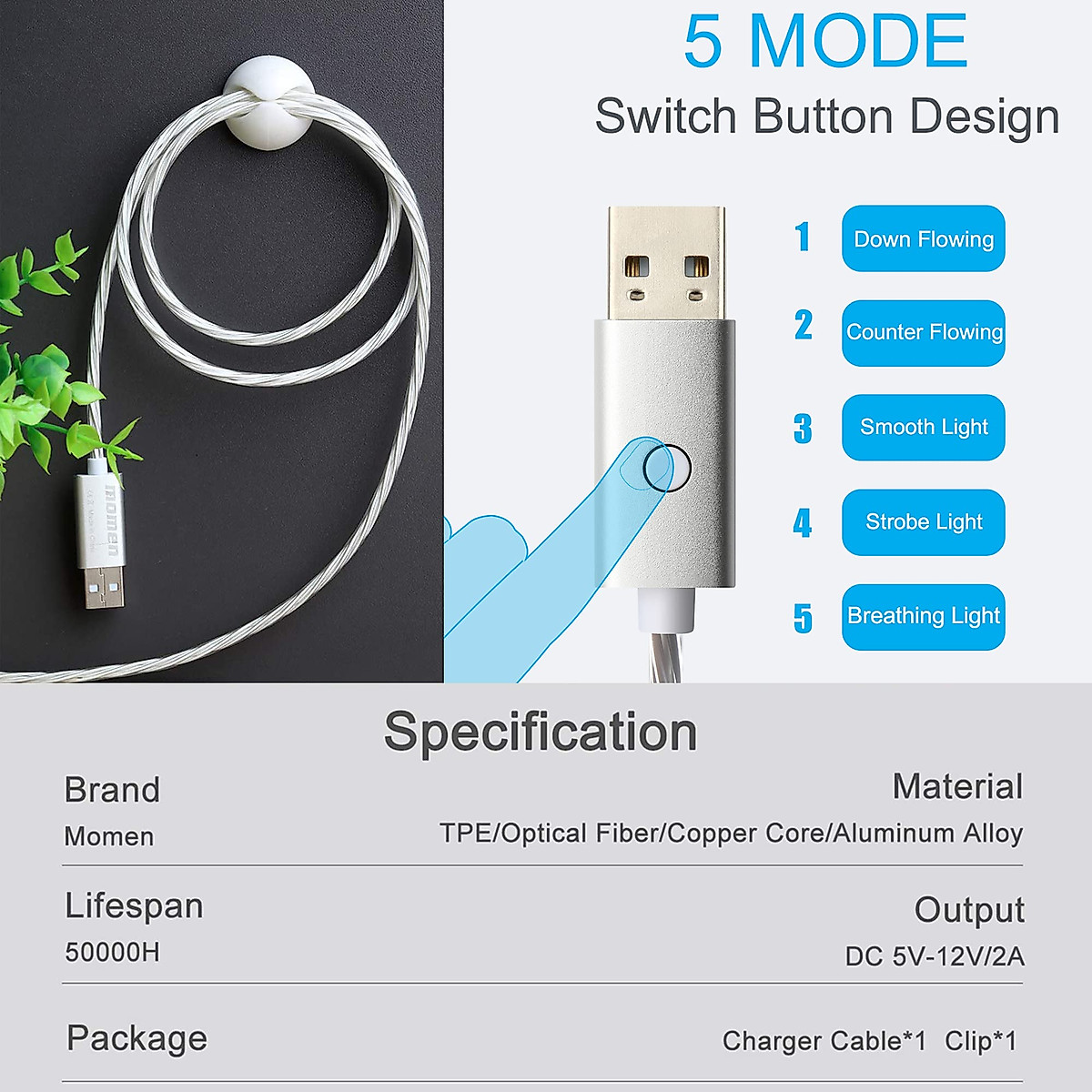 momen LED iPhone Charger Cable, 3 Pack 6FT Lighting Cables with Data Sync Fast Charging Cord Compatible 13/12/11/XS Max/XS/XR/X/8/7/Plus/SE/Pad,Phone Charger Cord Blue & Red & Green