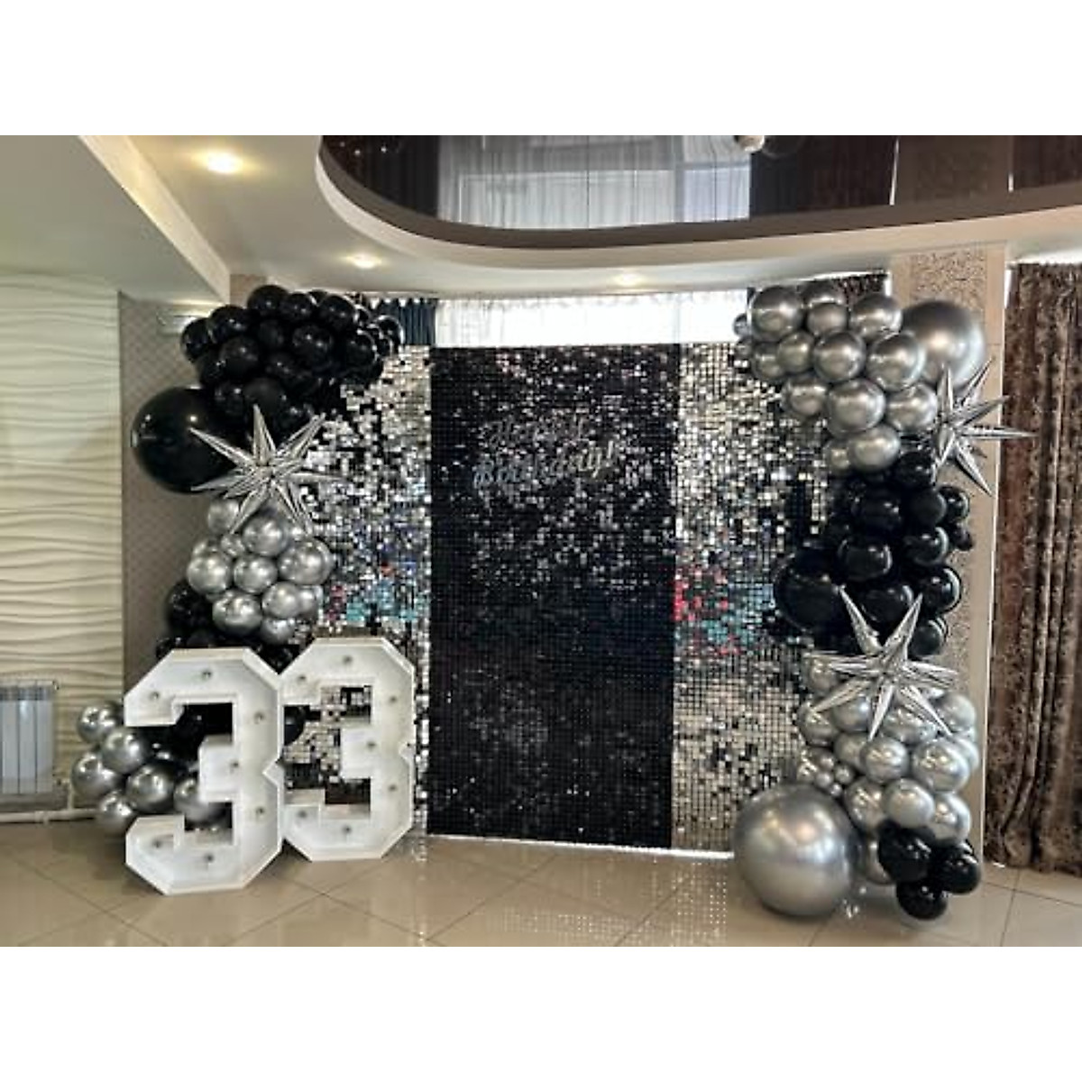 Black and Silver Balloon Garland Arch Kit with 3pcs Star Balloons, Silver and Black Balloon Confetti Latex Balloons for Birthday Wedding Graduation Baby Shower Disco Anniversary Party Decorations