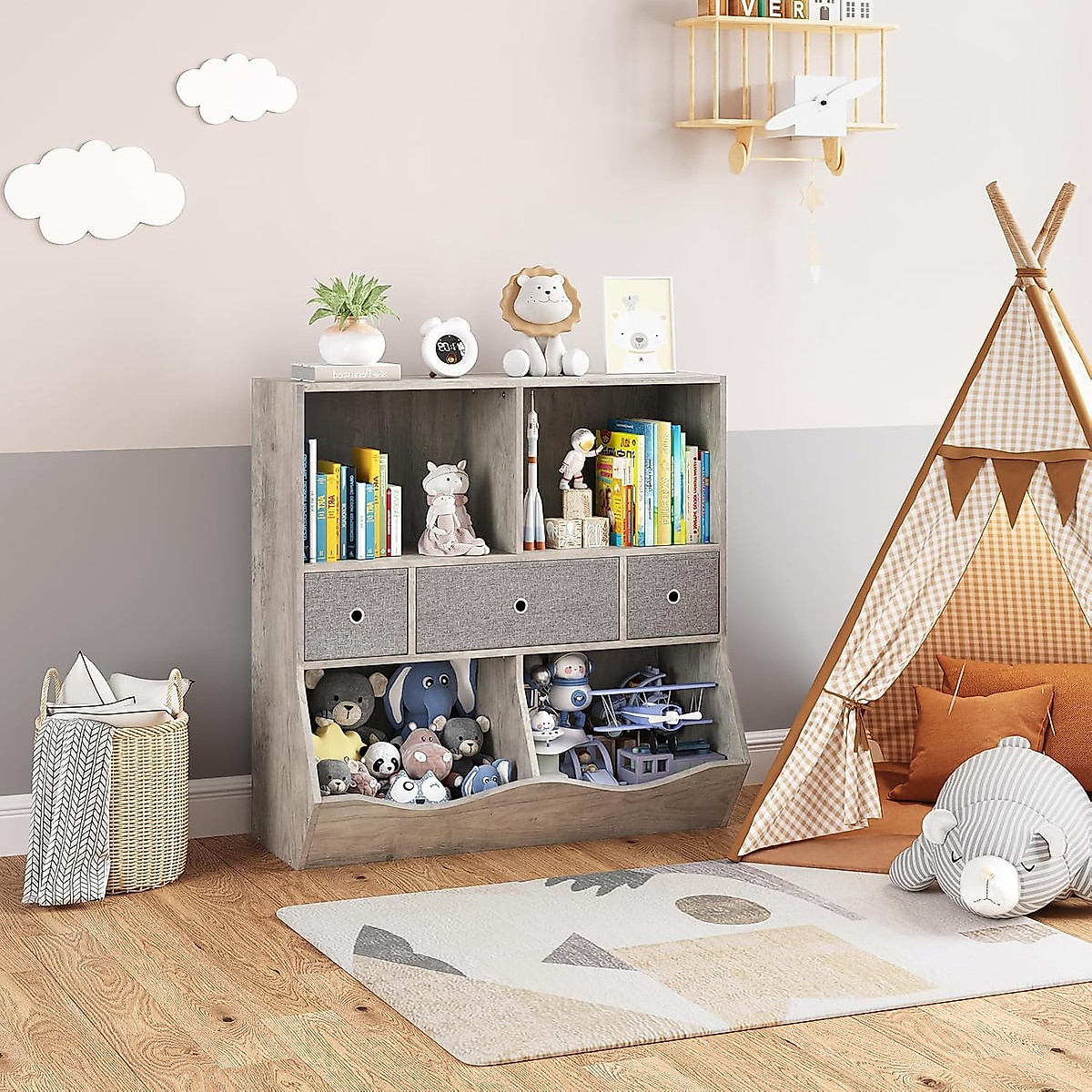 TrailBlaze Kids Toy Storage Organizer with 3 Movable Drawers, 3 Tier Children Bookcase and Bookshelf, Toddler 7 Cubby Toy Storage Cabinet, Toy Shelf for Playroom, Bedroom, Living Room, Nursery (Grey)